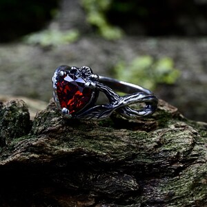 Elvish Garnet Heart Engagement Ring, Unique Fairy Floral Wedding Ring ...