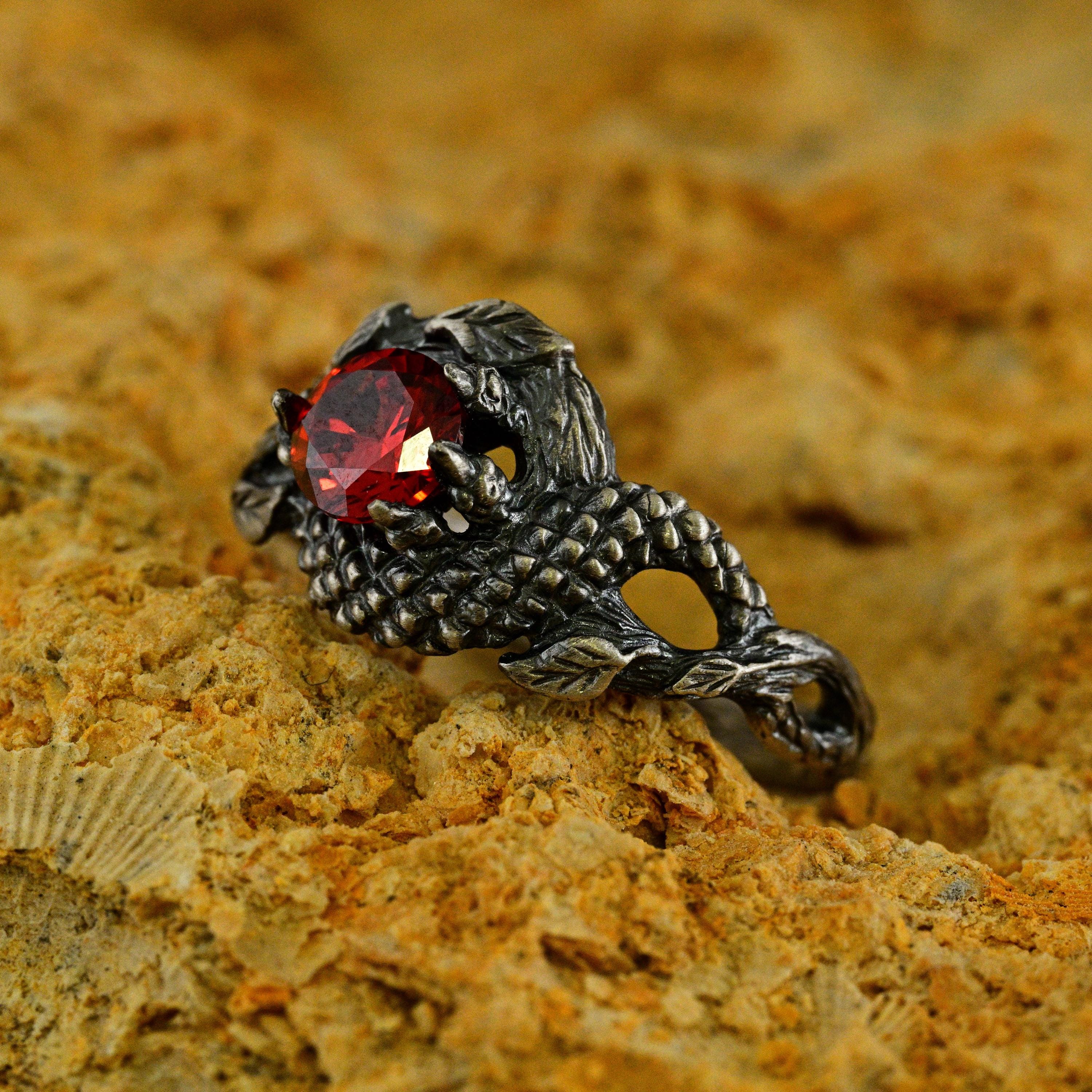 Celtic Garnet Dragon Claw Ring Men, Fantasy Forest Wedding Ring ...