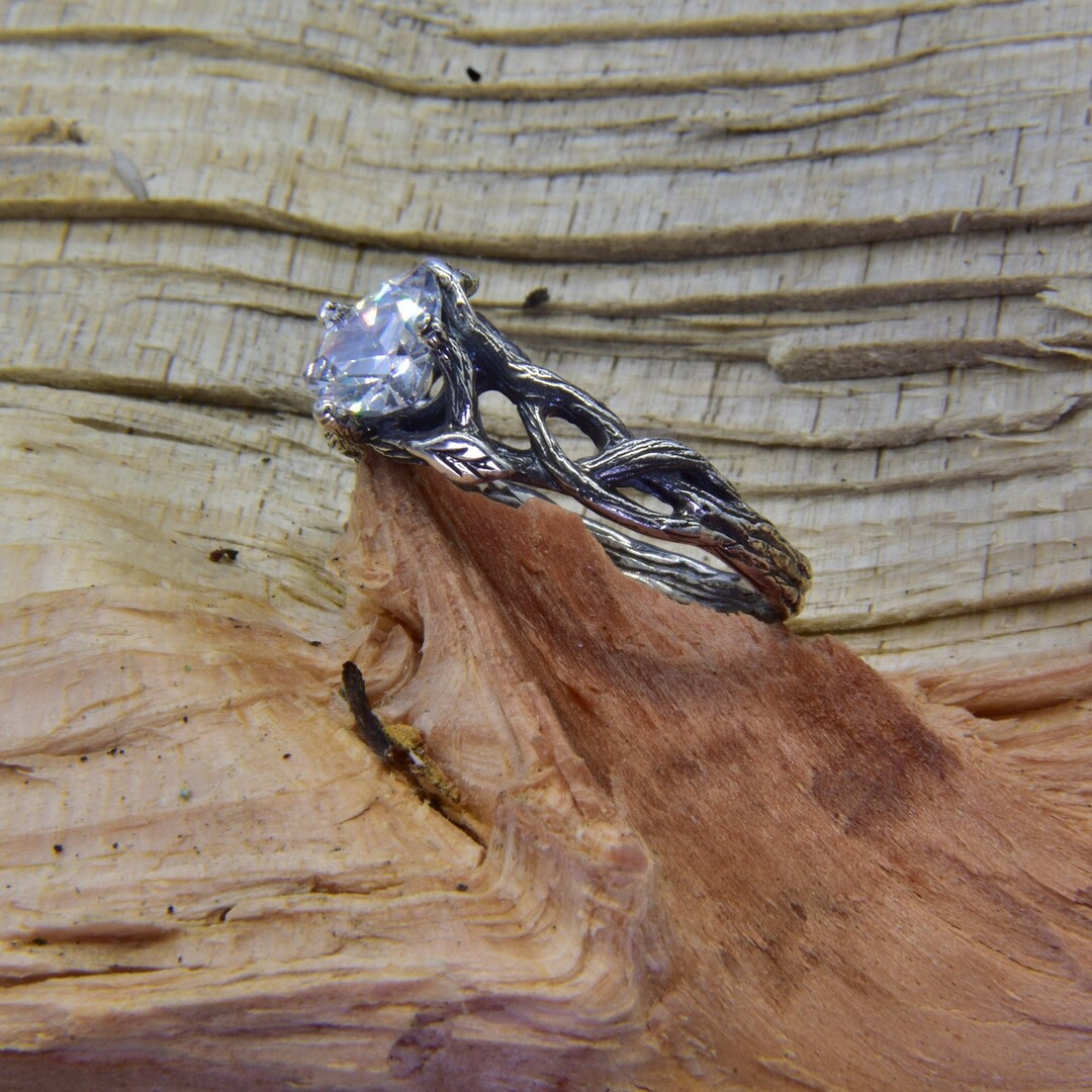 Whimsical Engagement Ring With Forest Theme Band, Twist Branch Leaf Flower Ring With White Stone ...