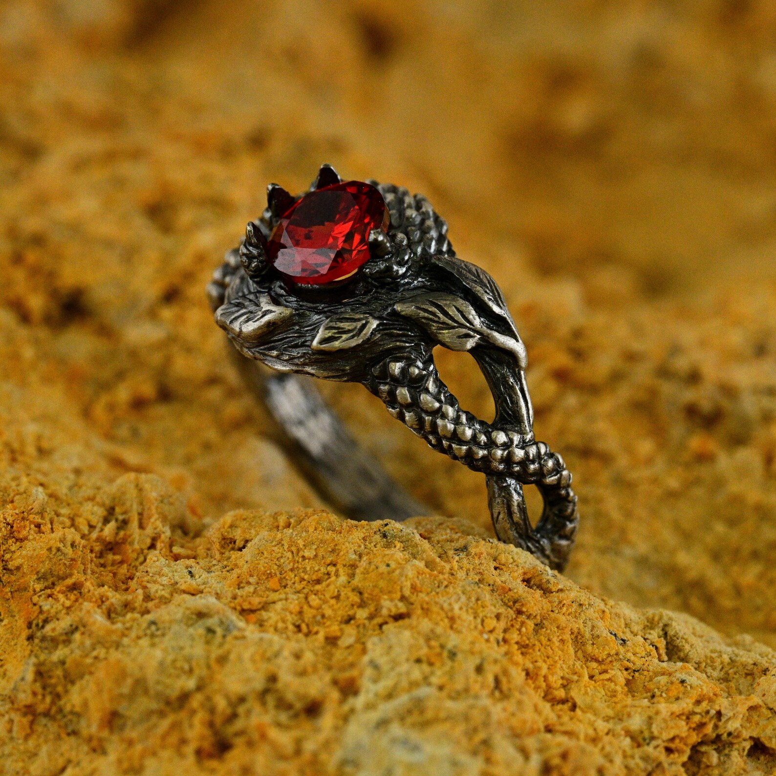Celtic Garnet Dragon Claw Ring Men, Fantasy Forest Wedding Ring ...
