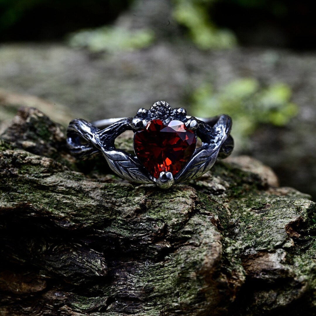 Elvish Garnet Heart Engagement Ring, Unique Fairy Floral Wedding Ring ...