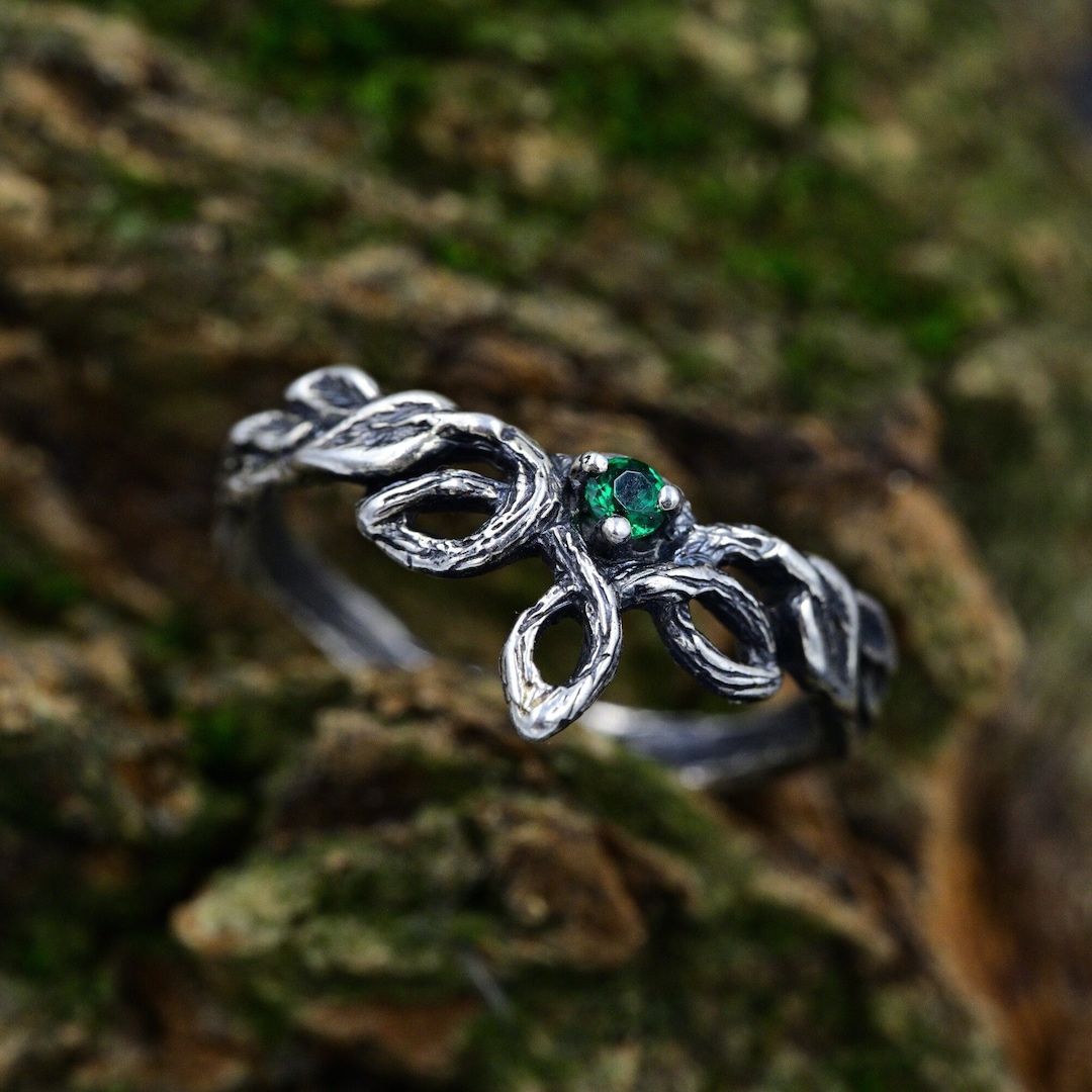 Emerald Elven Branch Wedding Ring Women, Unique Engagement Ring Nature Inspired, Silver Branch ...