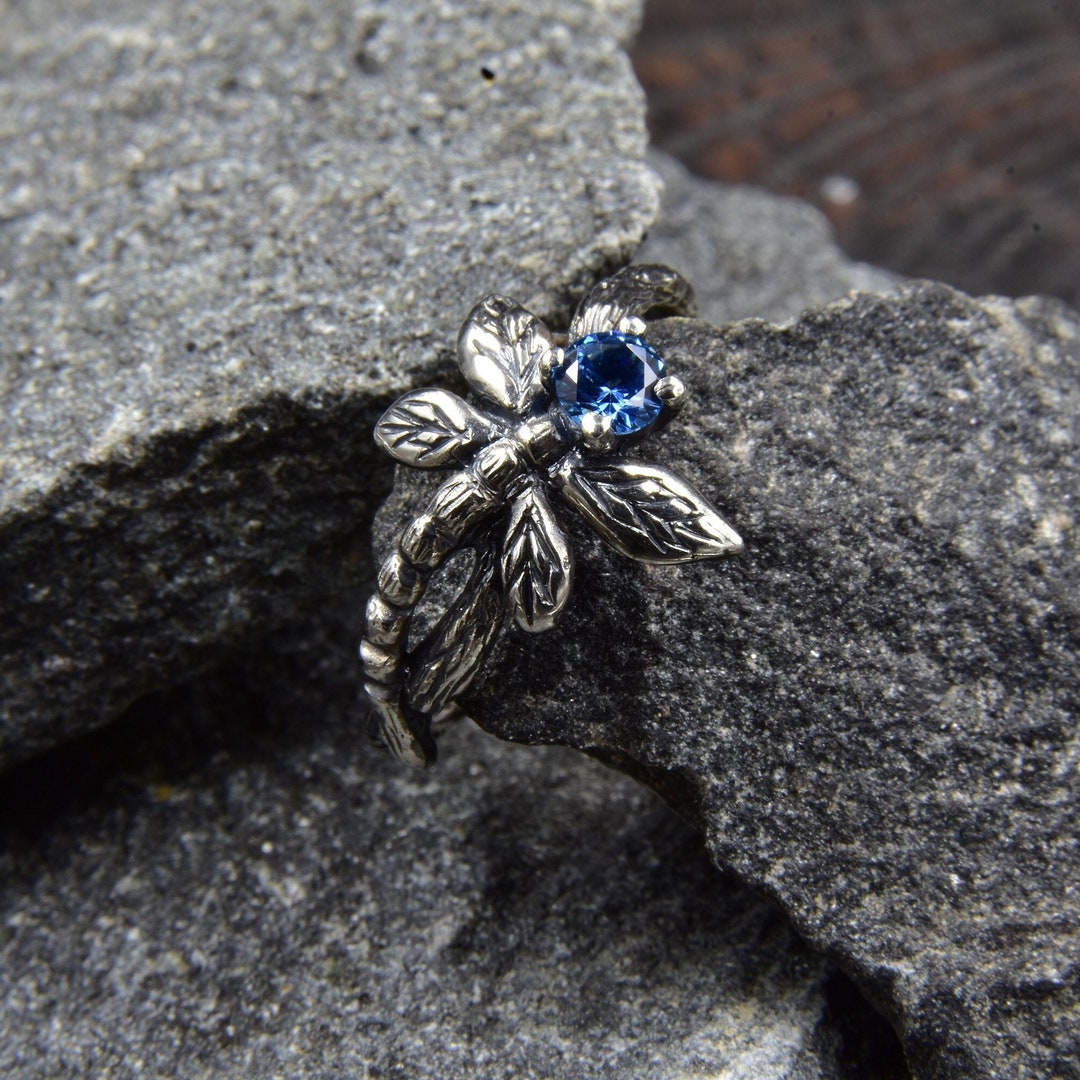 Silver Engagement Ring With Sapphire Dragonfly, Nature Inspired Twig ...