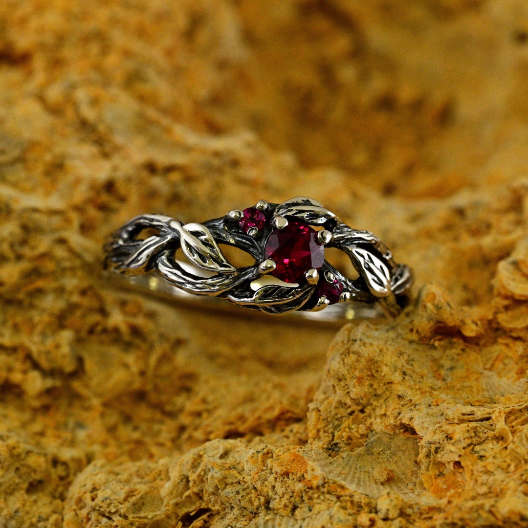 Unique Ruby Branch and Leaves Wedding Ring, Dainty Leafy Twig Ring, Unusual Forest Engagement ...