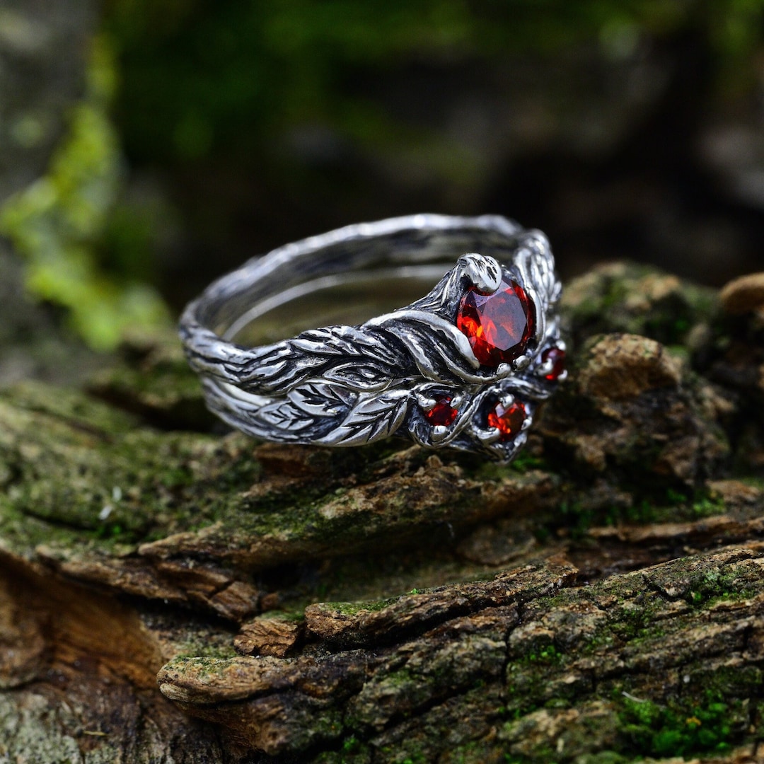 Whimsical Fairy Engagement Ring Set With Nature Theme, Cottagecore Wedding Set With Birthstone ...