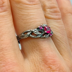 Unique Ruby Branch and Leaves Wedding Ring, Dainty Leafy Twig Ring, Unusual Forest Engagement ...
