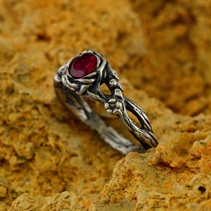 Fairy Pink Floral Engagement Ring With Ruby and Leafy Twist Tree Branch ...
