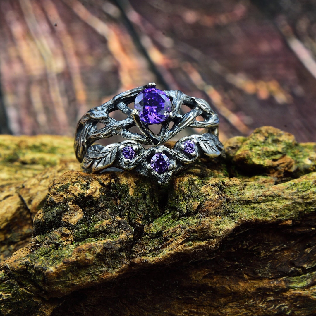 Nature Wedding Ring Set, Purple Witchy Engagement Ring Set, Fantasy ...