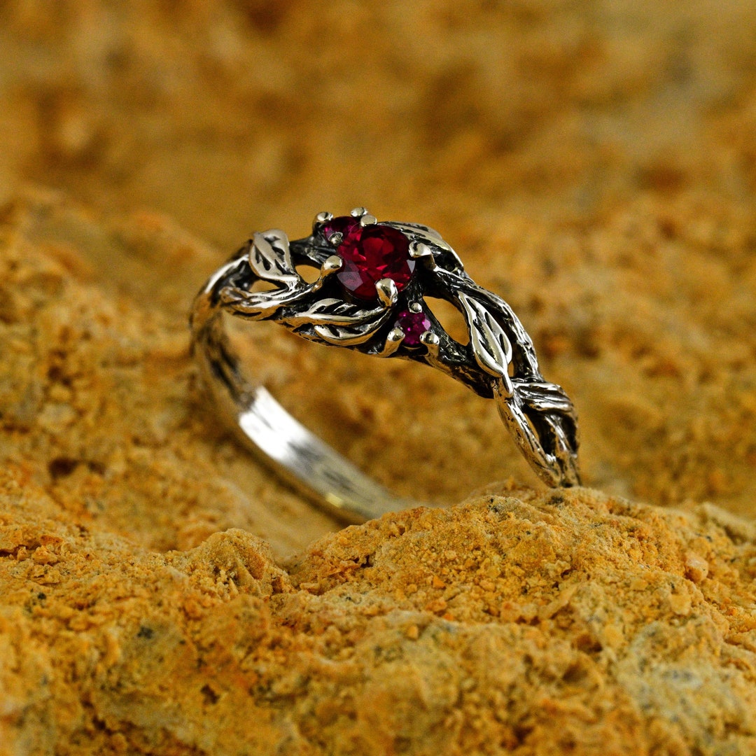 Unique Nature Inspired Wedding Ring With Dainty Branch and Leaf Design, Wild Ruby Leaf ...