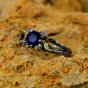 Triple Moon Phase Ring With Celestial Blue Sapphire Flower, Fantasy ...