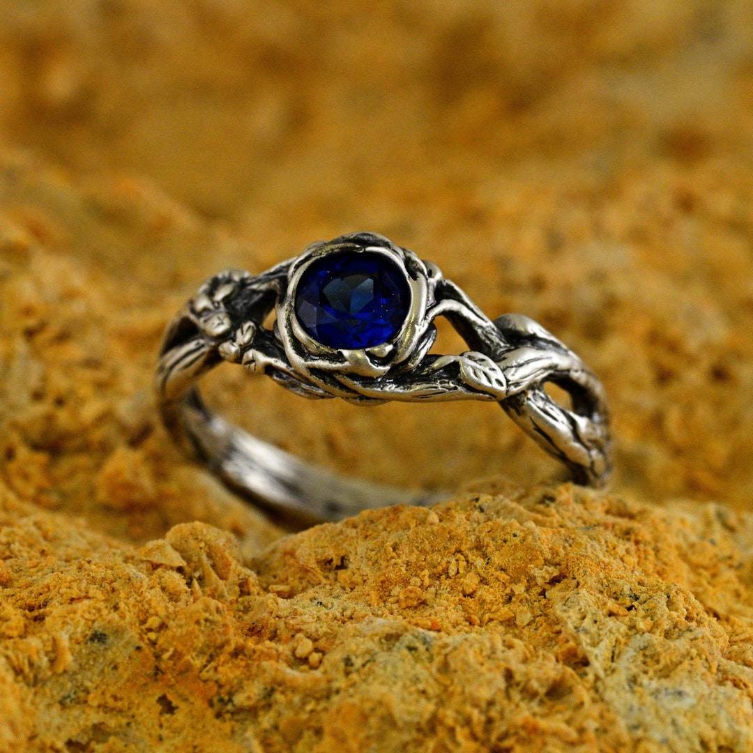 Fairy Fantasy Ring With Sapphire Twig Wedding Band and Floral Detail ...