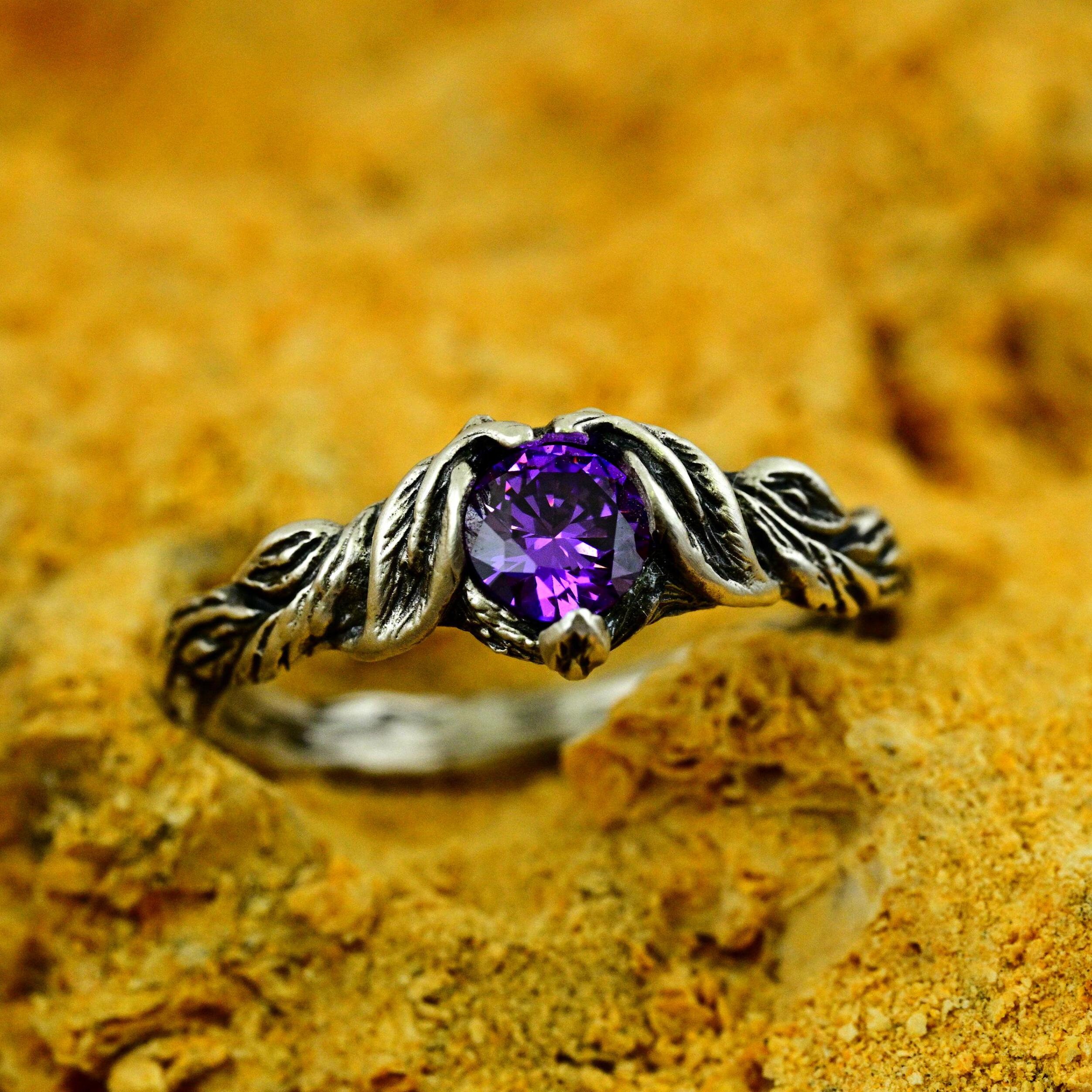 Unique Nature Wedding Band From Wood Texture Branch, Dainty Amethyst ...