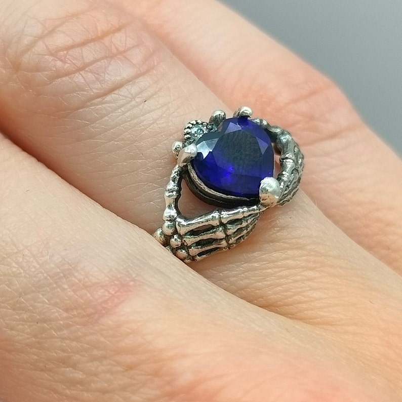 Dark Elvish Sapphire Heart Ring: Sterling Silver Skeleton Hand Gothic ...