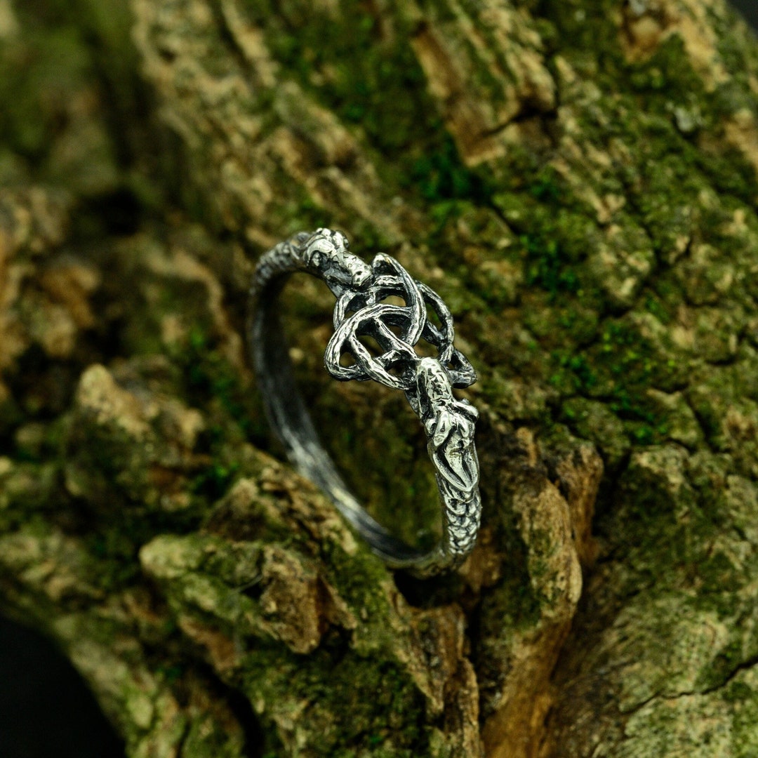 Mystical Celtic Dragon Fantasy Wedding Ring in Silver, Simple Woodland ...