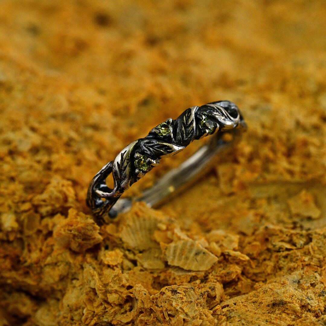 Olive Leaf Band With Peridot Ring for Man, Silver Man Branch Leaf Braid ...