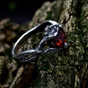 Elvish Garnet Heart Engagement Ring, Unique Fairy Floral Wedding Ring ...