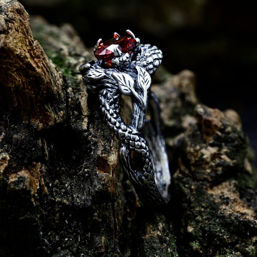 Celtic Garnet Dragon Claw Ring Men, Fantasy Forest Wedding Ring ...