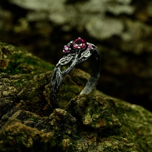 Unique Ruby Branch and Leaves Wedding Ring, Dainty Leafy Twig Ring, Unusual Forest Engagement ...