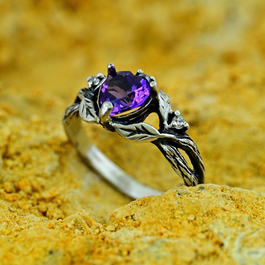 Amethyst Forest Wedding Ring With Tree, Woodland Ethereal Engagement ...