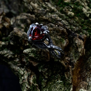 Elvish Garnet Heart Engagement Ring, Unique Fairy Floral Wedding Ring ...