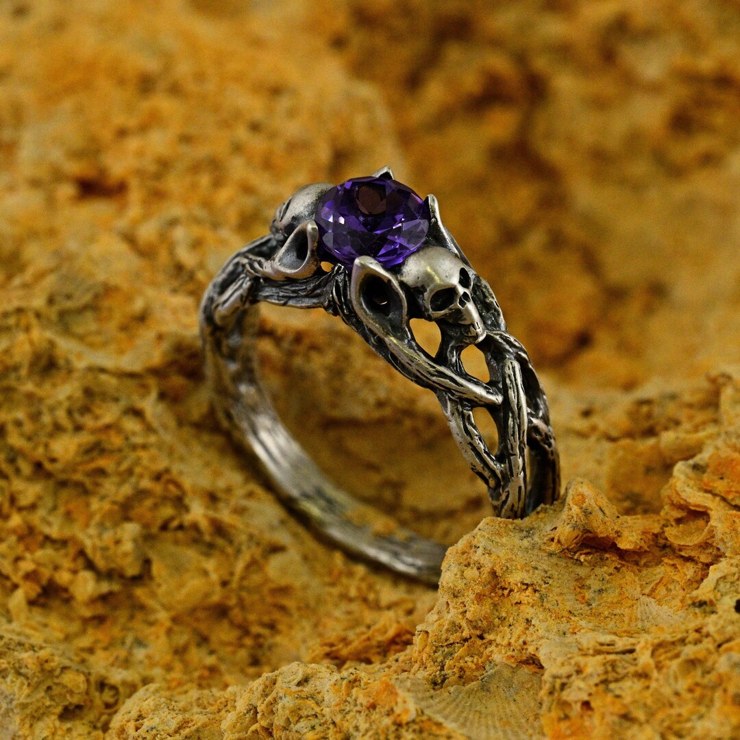 Vintage Gothic Purple Promise Ring, Mens Amethyst Skull Engagement Ring ...