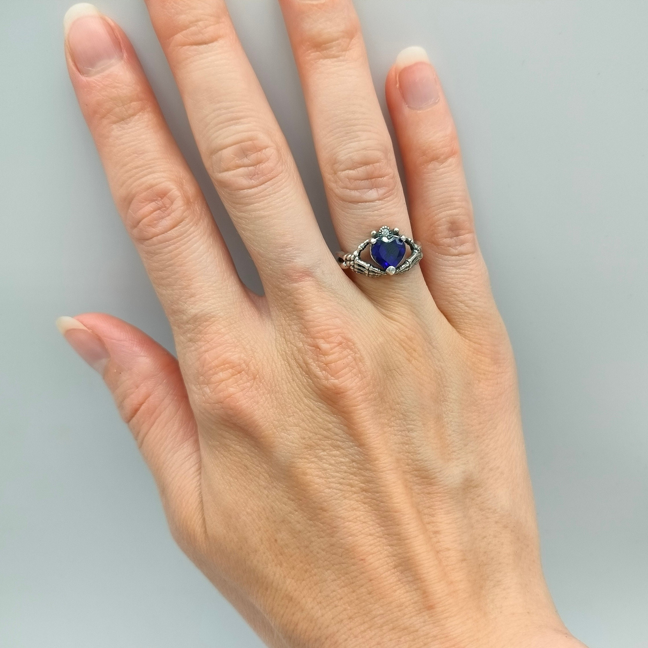 Dark Elvish Sapphire Heart Ring: Sterling Silver Skeleton Hand Gothic ...