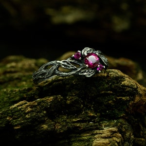 Unique Ruby Branch and Leaves Wedding Ring, Dainty Leafy Twig Ring, Unusual Forest Engagement ...