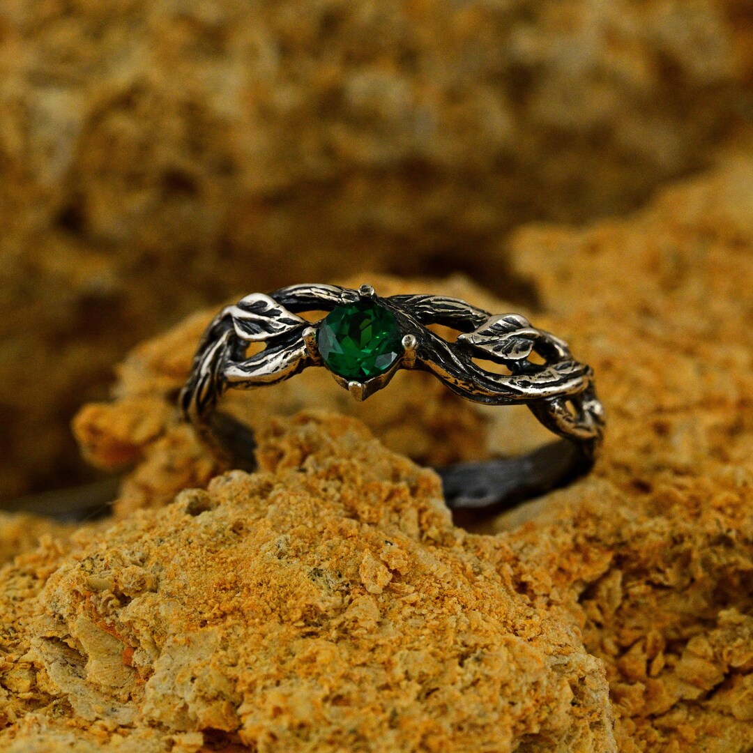 Mens Forest Tree Branch Twig Leaves Vine Ring, Whimsical Emerald Elven ...