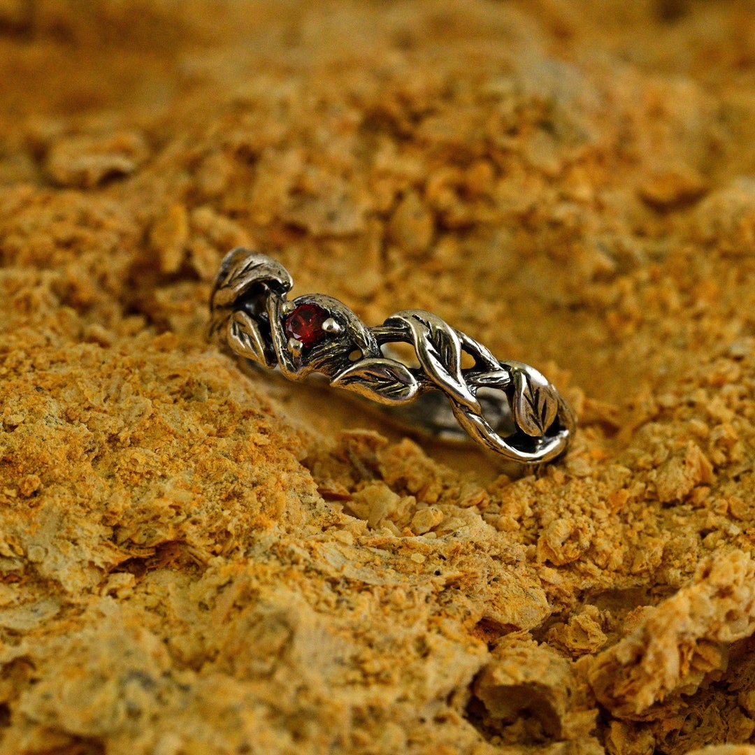 Garnet Elven Branch Wedding Ring Women, Unique Engagement Ring Nature ...