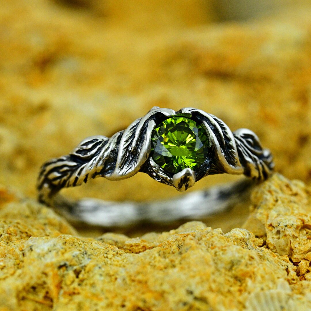 Unique Peridot Branch and Leaves Wedding Ring, Dainty Leafy Twig Ring ...