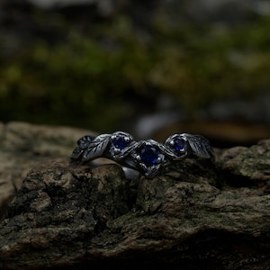 Gothic Wedding Ring Set With Sapphire, Fantasy Forest Wedding Ring Set ...