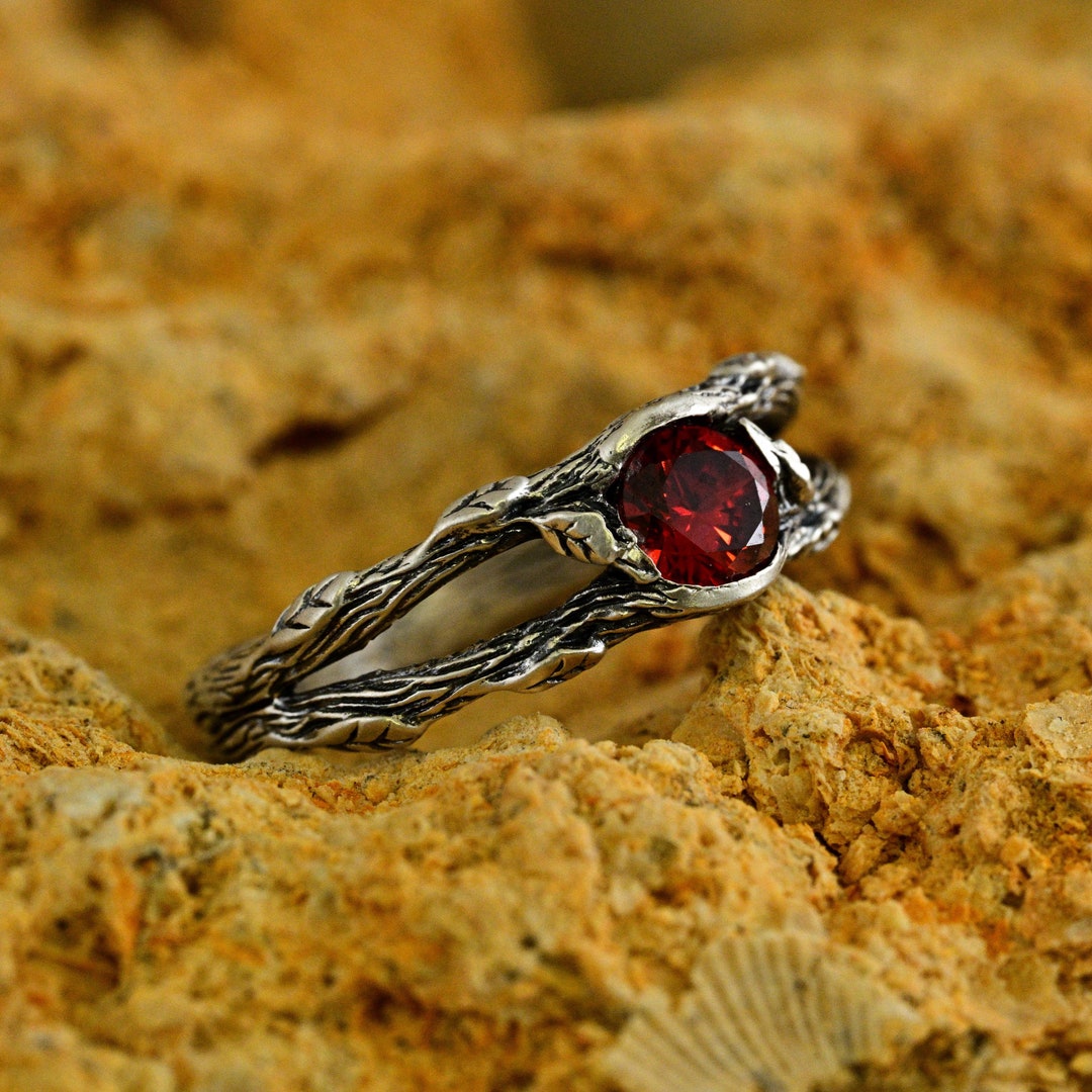 Unique Garnet Stone Elven Style Engagement Ring with Leaves on Branches ...