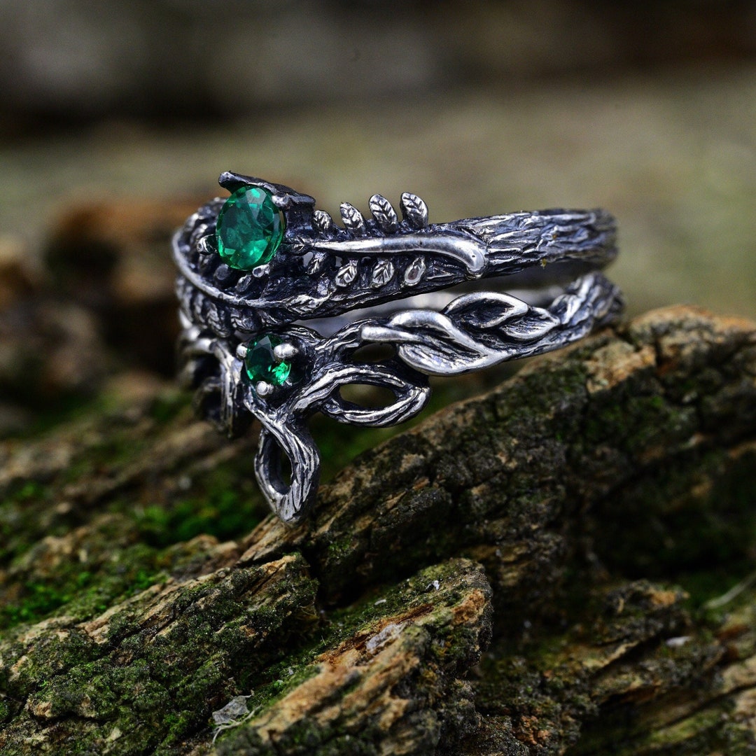 Forest Nature Celtic Wedding Ring Set, Unique Elven Wedding Rings Set, Stacking Ring Set With ...