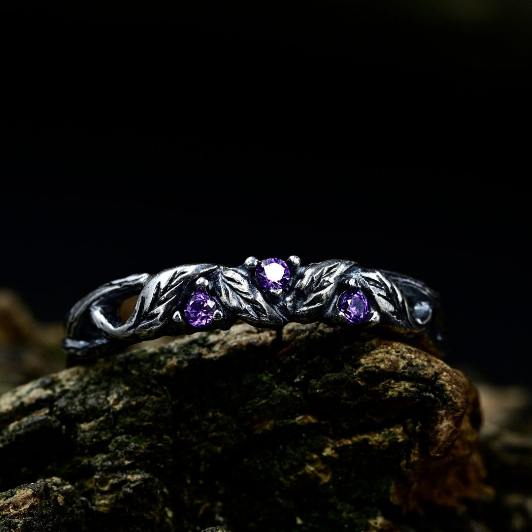 Elven Fairy Wedding Ring With Branch and Leaf, Forest Amethyst Floral ...