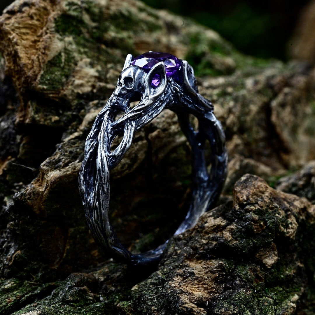 Vintage Gothic Purple Promise Ring, Mens Amethyst Skull Engagement Ring ...
