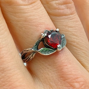 Elvish Garnet Heart Engagement Ring, Unique Fairy Floral Wedding Ring ...
