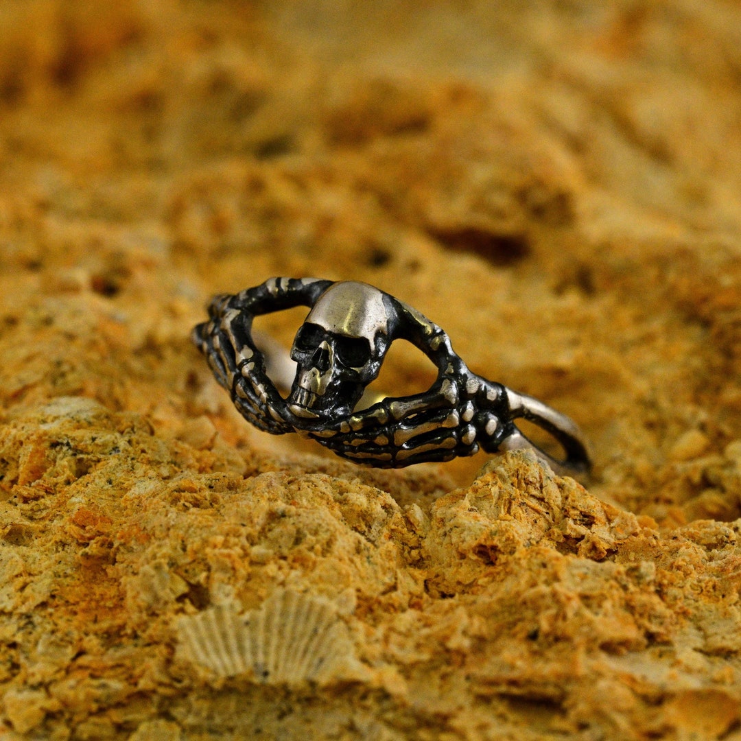 Skull Signet Ring With Silver Skeleton Hand, Witchy Engagement Ring and ...