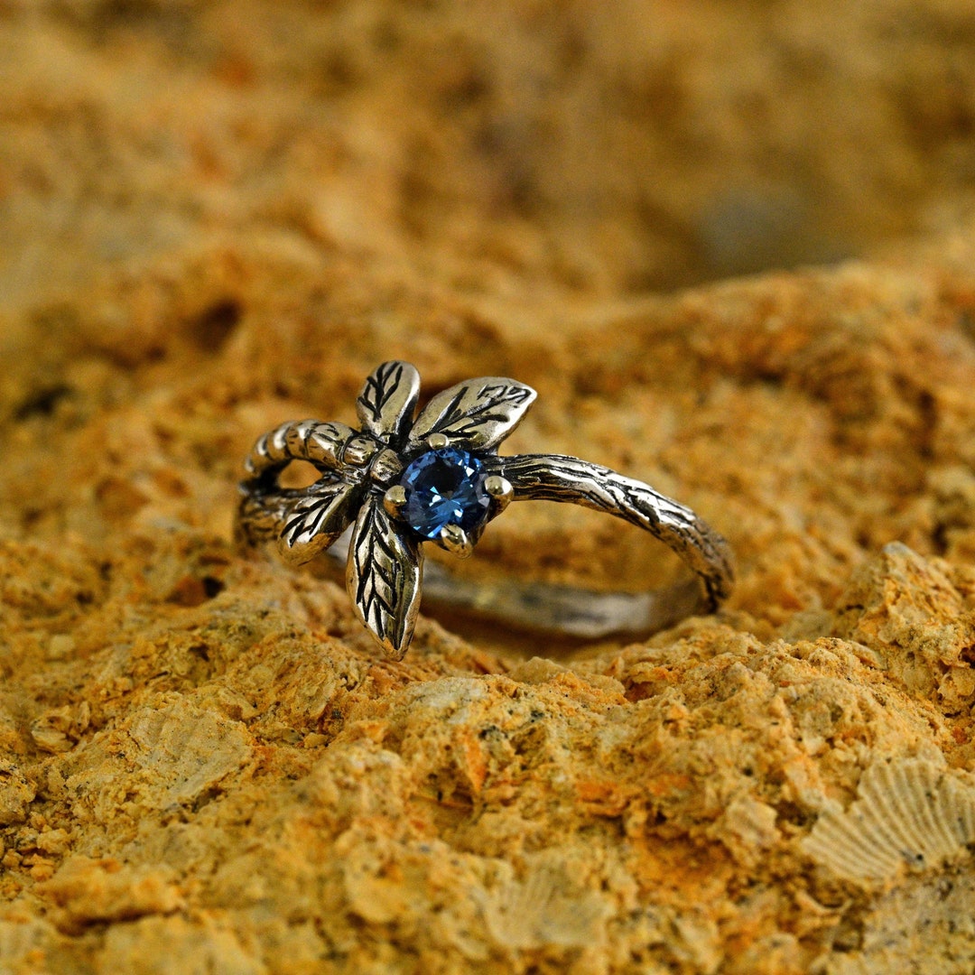 Silver Engagement Ring With Sapphire Dragonfly, Nature Inspired Twig ...
