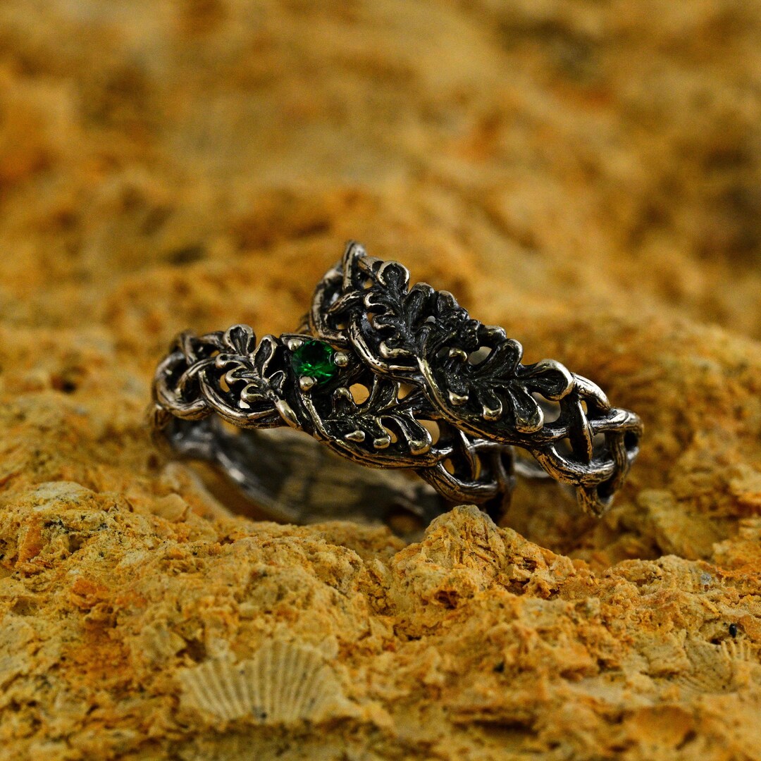 Nature Inspired Matching Couple Wedding Rings Set With Oak Leaf and ...