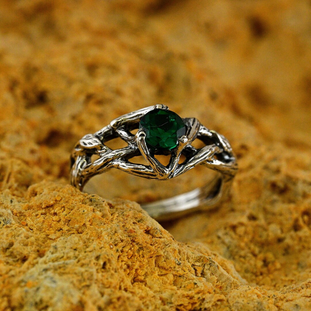 Unique Emerald Branch and Leaves Wedding Ring, Dainty Leafy Twig Ring ...