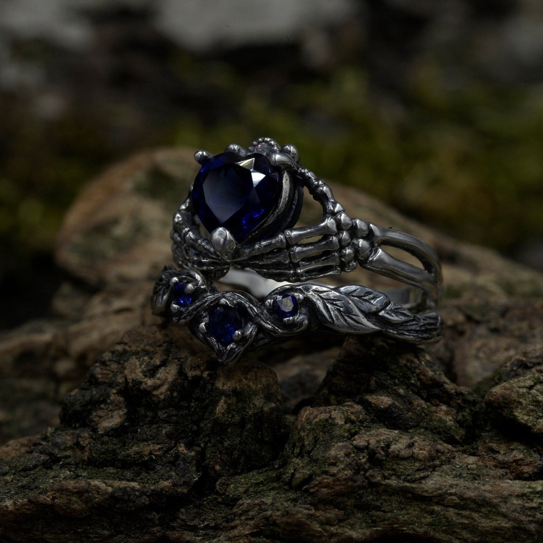 Gothic Wedding Ring Set With Sapphire, Fantasy Forest Wedding Ring Set, Witchy Stack Rings Set ...