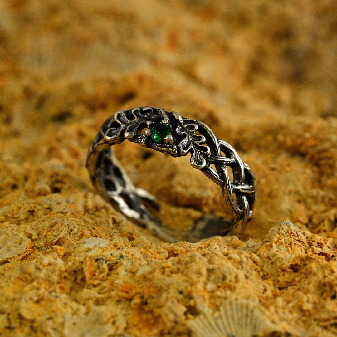 Celtic Eternity Engagement Ring for Men, Leaves and Emerald Wedding Band, Medieval Promise Ring ...