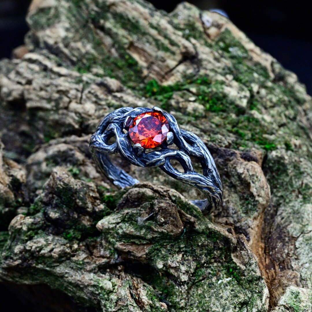 Unique Fantasy Vintage Engagement Ring for Woman, Silver Tree Bark Ring ...