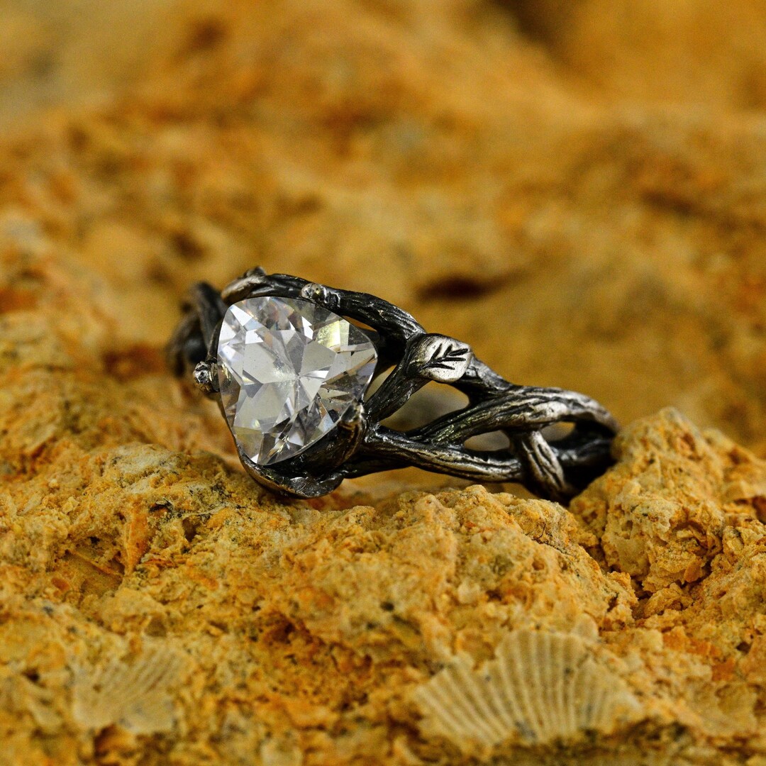 Elven Fairy Wedding Ring With Branch and Leaf, Forest White Floral Twig ...