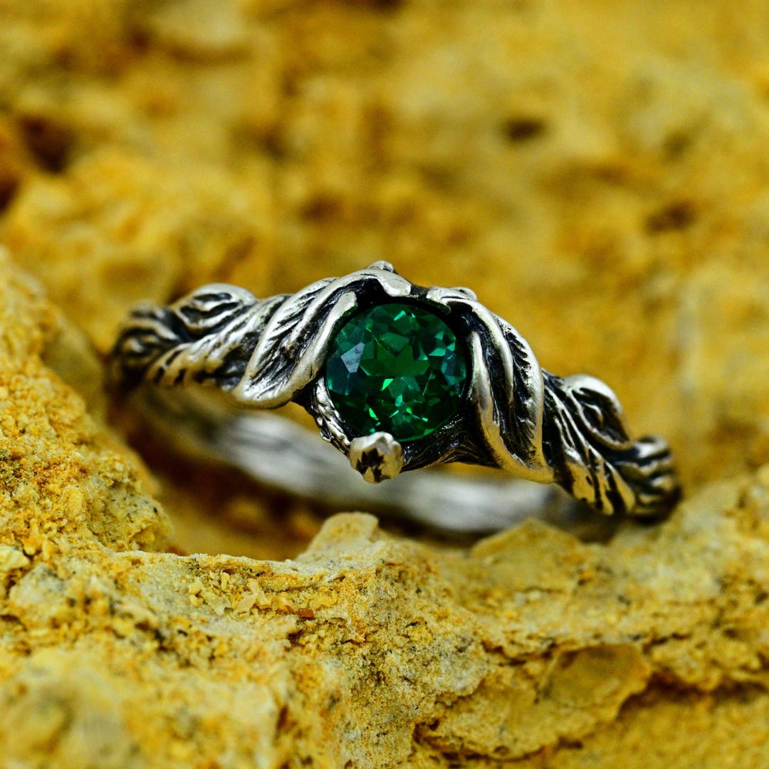 Elven Fairy Wedding Ring With Branch and Leaf, Forest Emerald Floral ...