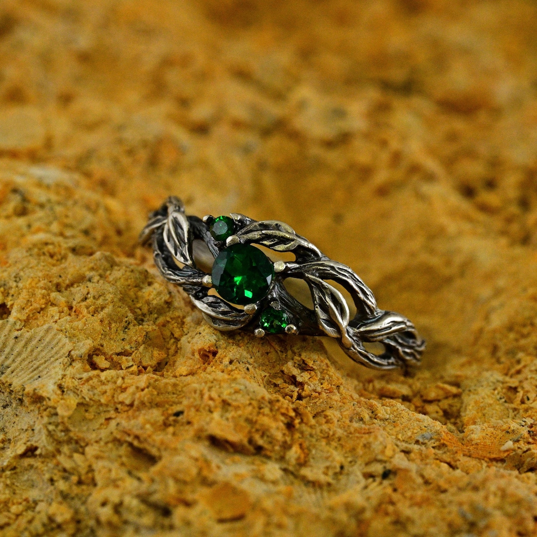 Silver Celtic Vine Engagement Ring With Emerald Twig Branch for Her and ...