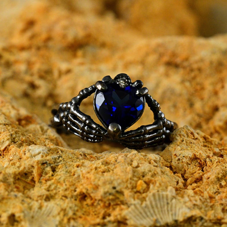 Dark Elvish Sapphire Heart Ring: Sterling Silver Skeleton Hand Gothic ...