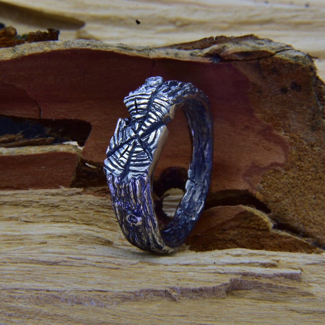 Fantasy Tree Stump Engagement Ring With Bark Texture, Unusual Women Ring With Nature Theme ...