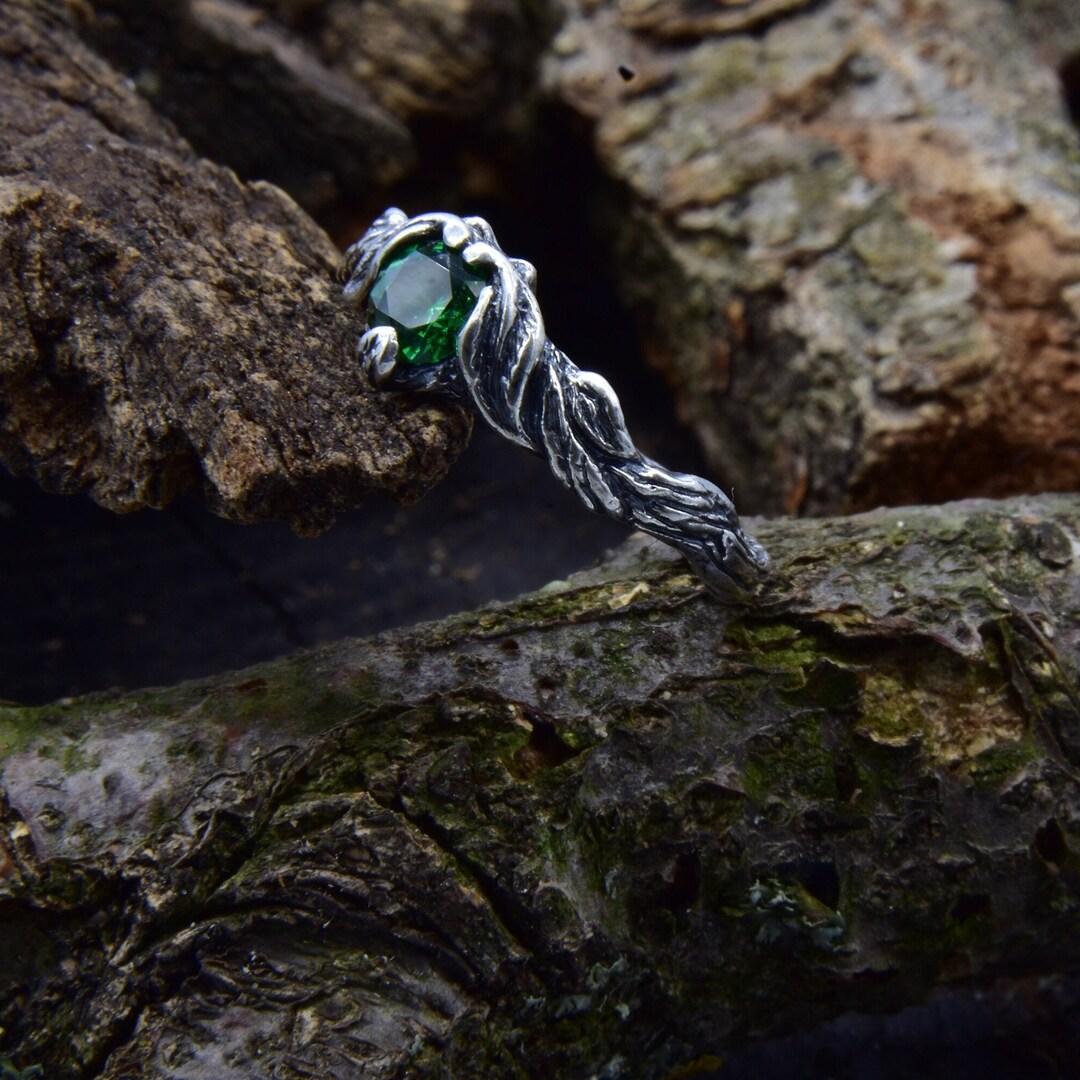 Elven Fairy Wedding Ring With Branch and Leaf, Forest Emerald Floral ...