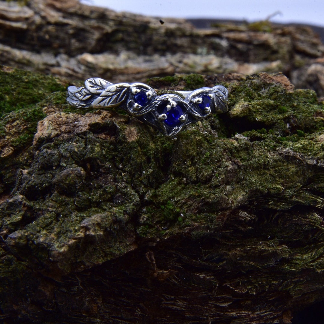 Silver Forest Wedding Ring With Chevron Branch, Sapphire Leaf Elvish ...